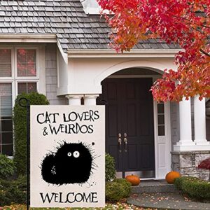 Welcome Cat Lovers and Weirdos Garden Flag Vertical Double Sided Summer Fall Yard Outdoor Decoration 12.5 x 18 Inch