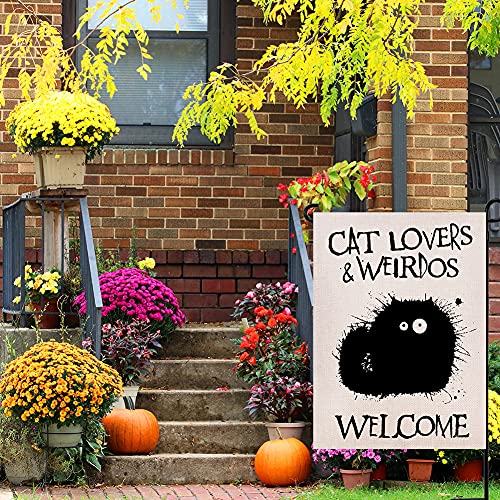 Welcome Cat Lovers and Weirdos Garden Flag Vertical Double Sided Summer Fall Yard Outdoor Decoration 12.5 x 18 Inch