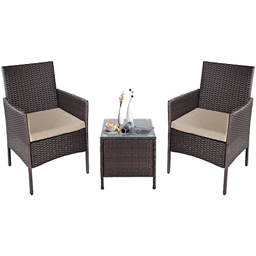 Patiomore 3 Pieces Outdoor Bistro Set Patio Furniture Set PE Brown Wicker Patio Chairs with Coffee Table for Front Porch, Balcony, Backyard (Brown Cushion)