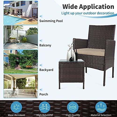 Patiomore 3 Pieces Outdoor Bistro Set Patio Furniture Set PE Brown Wicker Patio Chairs with Coffee Table for Front Porch, Balcony, Backyard (Brown Cushion)