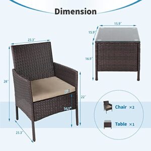 Patiomore 3 Pieces Outdoor Bistro Set Patio Furniture Set PE Brown Wicker Patio Chairs with Coffee Table for Front Porch, Balcony, Backyard (Brown Cushion)