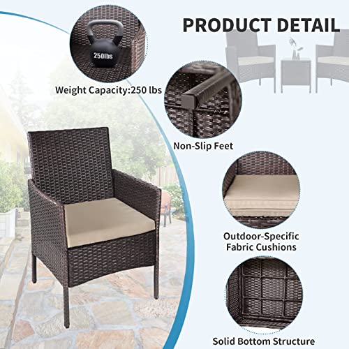 Patiomore 3 Pieces Outdoor Bistro Set Patio Furniture Set PE Brown Wicker Patio Chairs with Coffee Table for Front Porch, Balcony, Backyard (Brown Cushion)