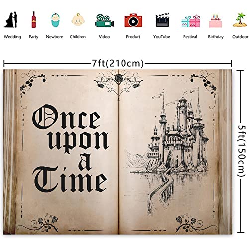 Fairy Tale Books Backdrop Once Upon a Time Backdrops Ancient Castle Princess Romantic Wedding Birthday Party Decorations Magic Book Background Banner Props 7x5FT