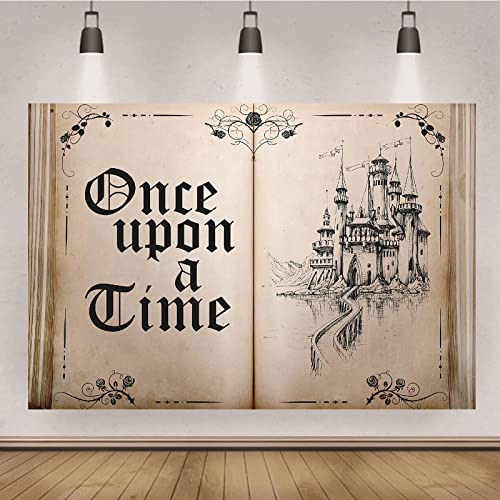 Fairy Tale Books Backdrop Once Upon a Time Backdrops Ancient Castle Princess Romantic Wedding Birthday Party Decorations Magic Book Background Banner Props 7x5FT