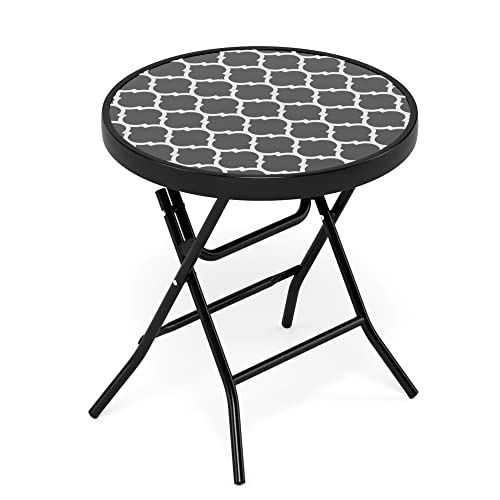 MFSTUDIO Patio Side Table, Folding Portable Round Bistro Coffee Table, Tempered Glass Metal End Table, Plant Stand for Indoor & Outdoor Garden Backyard Lawn Poolside, 18 inch Pattern Black