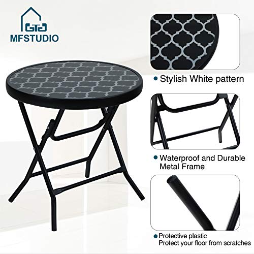 MFSTUDIO Patio Side Table, Folding Portable Round Bistro Coffee Table, Tempered Glass Metal End Table, Plant Stand for Indoor & Outdoor Garden Backyard Lawn Poolside, 18 inch Pattern Black