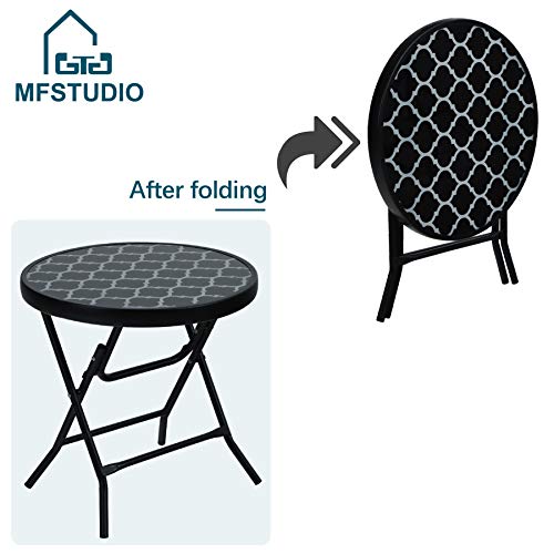 MFSTUDIO Patio Side Table, Folding Portable Round Bistro Coffee Table, Tempered Glass Metal End Table, Plant Stand for Indoor & Outdoor Garden Backyard Lawn Poolside, 18 inch Pattern Black