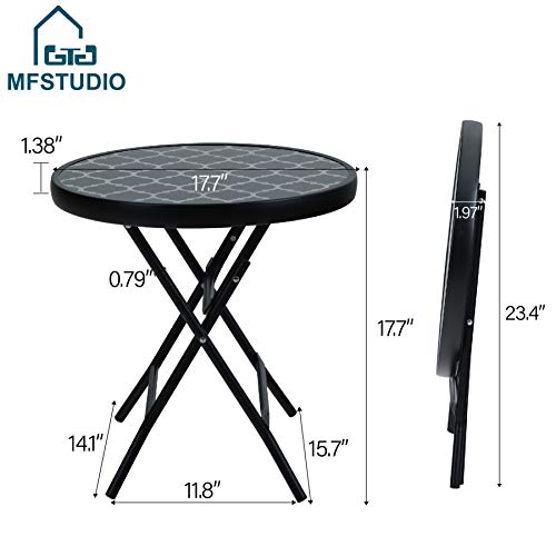 MFSTUDIO Patio Side Table, Folding Portable Round Bistro Coffee Table, Tempered Glass Metal End Table, Plant Stand for Indoor & Outdoor Garden Backyard Lawn Poolside, 18 inch Pattern Black