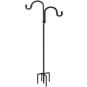 double shepherds hook for outdoor,62 inch bird feeder pole with 5 prongs base,adjustable heavy duty garden hanging holder for hanging plant,solar light,weddings decor,hummingbird feeder(1 pack)