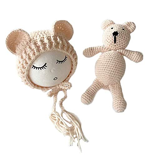 Newborn Infant Photography Prop Crochet Boys Girls Knit Bear Toy with Bear Hat (Beige)