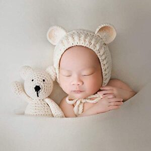 Newborn Infant Photography Prop Crochet Boys Girls Knit Bear Toy with Bear Hat (Beige)