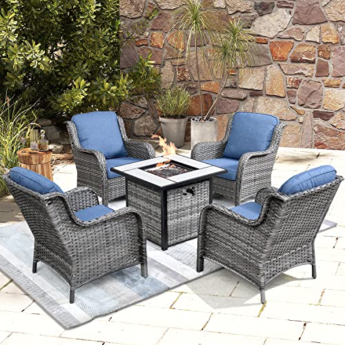 XIZZI Patio Furniture Set Patio Chairs Set of 4 with 30 Inch Gas Propane Fire Pit Table Outside High Back Wicker Rattan 5 Piece Furniture for Garden Balcony Lawn and Deck (3, Grey/Denim Blue)