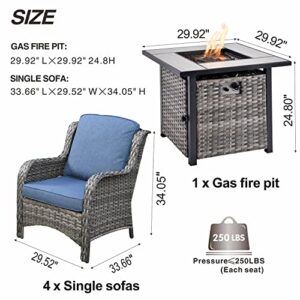 XIZZI Patio Furniture Set Patio Chairs Set of 4 with 30 Inch Gas Propane Fire Pit Table Outside High Back Wicker Rattan 5 Piece Furniture for Garden Balcony Lawn and Deck (3, Grey/Denim Blue)