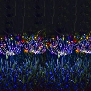 solar garden lights, decorman 4 pack solar firework lights outdoor waterproof diy decorative lights string with 120 led 8 lighting modes in-ground stake lamp colorful led string lights landscape light