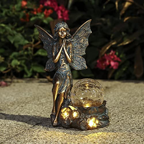 QZVANLON Fairy Garden Statue - Resin Solar Angel Figurines Garden Outdoor Decorations with Solar Crackle Glass Globe Lights, for Lawn Yard Patio Porch, Ornament Gift