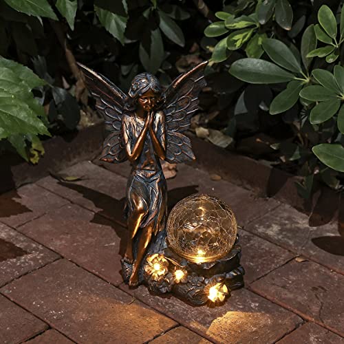 QZVANLON Fairy Garden Statue - Resin Solar Angel Figurines Garden Outdoor Decorations with Solar Crackle Glass Globe Lights, for Lawn Yard Patio Porch, Ornament Gift