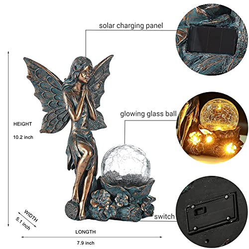 QZVANLON Fairy Garden Statue - Resin Solar Angel Figurines Garden Outdoor Decorations with Solar Crackle Glass Globe Lights, for Lawn Yard Patio Porch, Ornament Gift