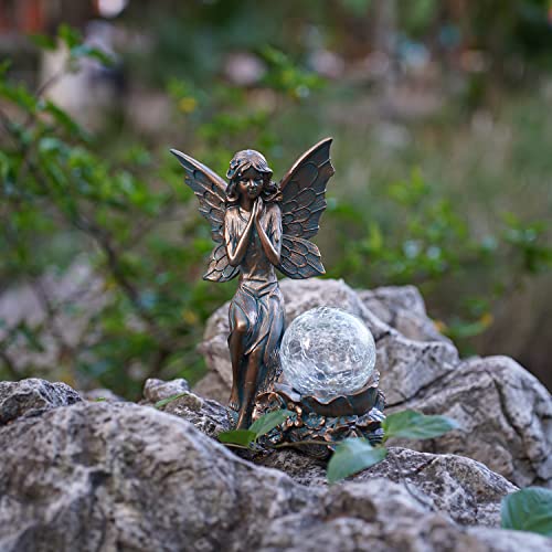 QZVANLON Fairy Garden Statue - Resin Solar Angel Figurines Garden Outdoor Decorations with Solar Crackle Glass Globe Lights, for Lawn Yard Patio Porch, Ornament Gift