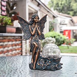 QZVANLON Fairy Garden Statue - Resin Solar Angel Figurines Garden Outdoor Decorations with Solar Crackle Glass Globe Lights, for Lawn Yard Patio Porch, Ornament Gift