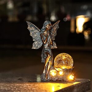 QZVANLON Fairy Garden Statue - Resin Solar Angel Figurines Garden Outdoor Decorations with Solar Crackle Glass Globe Lights, for Lawn Yard Patio Porch, Ornament Gift