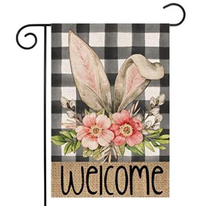 welcome easter garden flag for outdoor 12×18 double sided,buffalo plaid bunny ears with flowers small yard flag,seasonal decors for spring outside farmhouse holiday