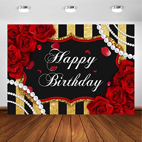 Avezano Red Rose Birthday Backdrop for Girls Woman Party Decorations Red Roses Floral Pearl Black and Gold Stripes Happy Birthday Party Banner Photoshoot Photography Background Party Supplies (7x5ft)