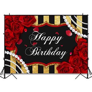 Avezano Red Rose Birthday Backdrop for Girls Woman Party Decorations Red Roses Floral Pearl Black and Gold Stripes Happy Birthday Party Banner Photoshoot Photography Background Party Supplies (7x5ft)