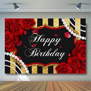 Avezano Red Rose Birthday Backdrop for Girls Woman Party Decorations Red Roses Floral Pearl Black and Gold Stripes Happy Birthday Party Banner Photoshoot Photography Background Party Supplies (7x5ft)