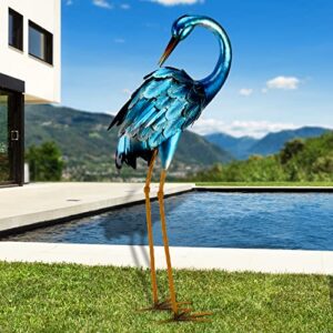 chisheen crane garden statues, metal garden crane outdoor, blue heron sculpture metal yard art, large garden heron decoy, bird statues, lawn ornaments for backyard pond patio porch outside decorations