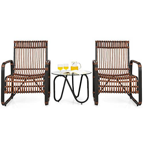 RELAX4LIFE 3-Piece Patio Conversation Set - PE Wicker Bistro Set with 2 Single Chairs & Tempered Glass Coffee Table, Outdoor Furniture Set for Garden, Backyard, Poolside, Lawn