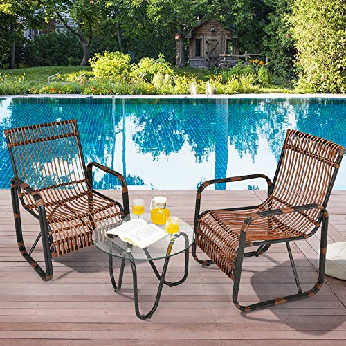 RELAX4LIFE 3-Piece Patio Conversation Set - PE Wicker Bistro Set with 2 Single Chairs & Tempered Glass Coffee Table, Outdoor Furniture Set for Garden, Backyard, Poolside, Lawn