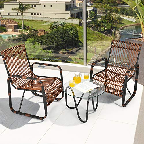 RELAX4LIFE 3-Piece Patio Conversation Set - PE Wicker Bistro Set with 2 Single Chairs & Tempered Glass Coffee Table, Outdoor Furniture Set for Garden, Backyard, Poolside, Lawn