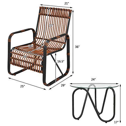 RELAX4LIFE 3-Piece Patio Conversation Set - PE Wicker Bistro Set with 2 Single Chairs & Tempered Glass Coffee Table, Outdoor Furniture Set for Garden, Backyard, Poolside, Lawn