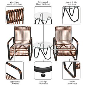 RELAX4LIFE 3-Piece Patio Conversation Set - PE Wicker Bistro Set with 2 Single Chairs & Tempered Glass Coffee Table, Outdoor Furniture Set for Garden, Backyard, Poolside, Lawn