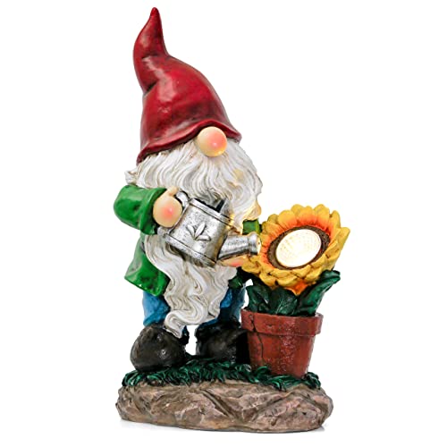 TERESA'S COLLECTIONS Sunflower Garden Gnomes Decorations for Yard with Solar Lights, Large Cute Garden Sculptures & Statues Outdoor Gnome Gifts for Front Porch Patio Lawn Ornaments, 11.4"