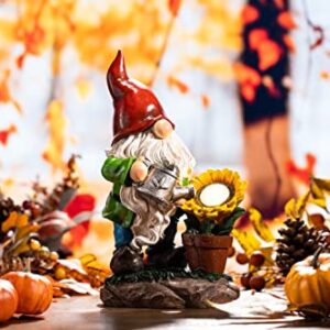 TERESA'S COLLECTIONS Sunflower Garden Gnomes Decorations for Yard with Solar Lights, Large Cute Garden Sculptures & Statues Outdoor Gnome Gifts for Front Porch Patio Lawn Ornaments, 11.4"