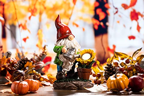 TERESA'S COLLECTIONS Sunflower Garden Gnomes Decorations for Yard with Solar Lights, Large Cute Garden Sculptures & Statues Outdoor Gnome Gifts for Front Porch Patio Lawn Ornaments, 11.4"