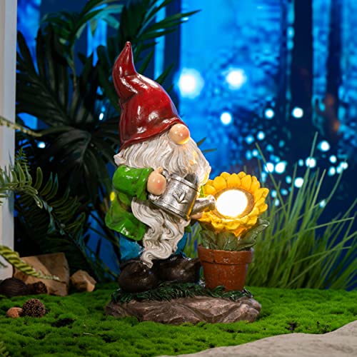 TERESA'S COLLECTIONS Sunflower Garden Gnomes Decorations for Yard with Solar Lights, Large Cute Garden Sculptures & Statues Outdoor Gnome Gifts for Front Porch Patio Lawn Ornaments, 11.4"