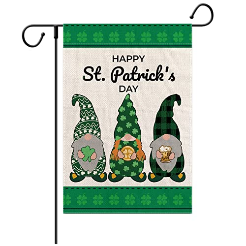 EDDERT St Patrick's Day Garden Flag Gnome Shamrock 18 x 12 Inch Yard Flag Irish Green Shamrock Garden Flag Double Sided Decorative Garden Flag for St. Patrick's Day Outdoor Decoration