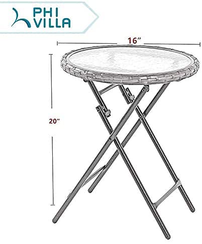 PHI VILLA Outdoor Side Tables-Foldable Patio Rattan Table with Tempered Glass Table Top and High-Strength Thickened Iron Pipe Bracket for Patio Outdoor Sofa and Chair in Garden,2 Pack