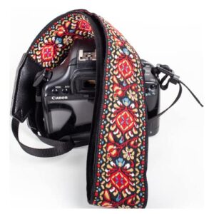 art tribute camera strap for all dslr camera. red vintage woven embroidered elegant universal neck & shoulder strap, floral pattern, great photographer gift for men & women photographers