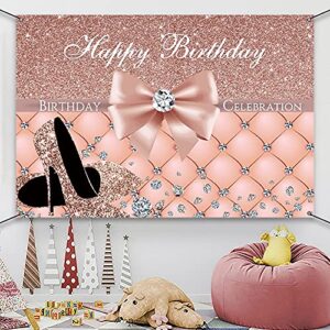 AWERT Polyester 6x3.6ft Happy Birthday Banner Glitter High Heels Diamonds Bowknot Rose Gold Sign Poster for Birthday Backdrop for Women Girls Birthday Party Decorations Banner