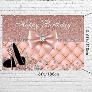 AWERT Polyester 6x3.6ft Happy Birthday Banner Glitter High Heels Diamonds Bowknot Rose Gold Sign Poster for Birthday Backdrop for Women Girls Birthday Party Decorations Banner