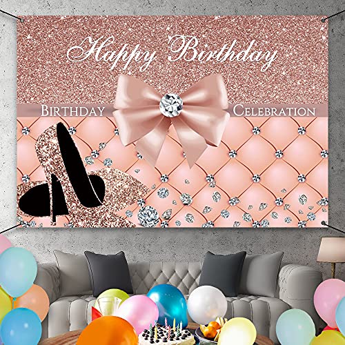 AWERT Polyester 6x3.6ft Happy Birthday Banner Glitter High Heels Diamonds Bowknot Rose Gold Sign Poster for Birthday Backdrop for Women Girls Birthday Party Decorations Banner