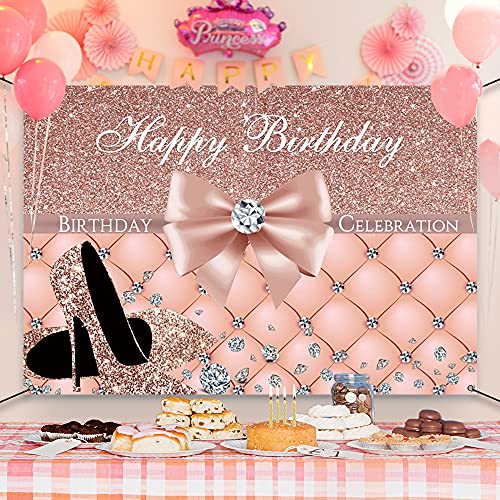 AWERT Polyester 6x3.6ft Happy Birthday Banner Glitter High Heels Diamonds Bowknot Rose Gold Sign Poster for Birthday Backdrop for Women Girls Birthday Party Decorations Banner