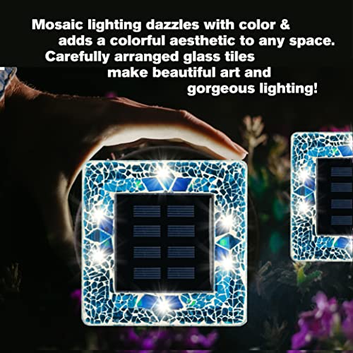 Bell+Howell Disk Lights Solar Ground Lights Mosaic Wireless Auto On/Off Solar Pathway Garden Outdoor Lighting with 6 LED Bulbs for Lawn, Patio, Garden, Yard, Pathways Waterproof, 4 Pack - Blue