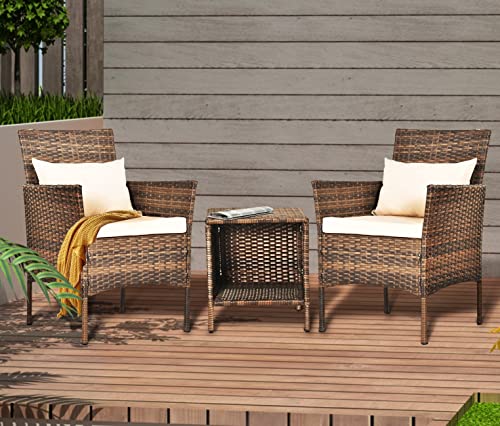 Patio Porch Furniture Sets 3 Pieces Rattan Wicker Chairs with Table and 2 Pillow Outdoor Garden Furniture Sets Conversation Chair Set