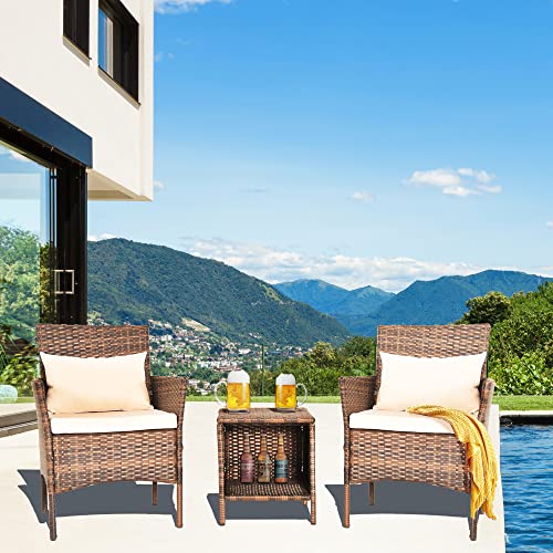 Patio Porch Furniture Sets 3 Pieces Rattan Wicker Chairs with Table and 2 Pillow Outdoor Garden Furniture Sets Conversation Chair Set