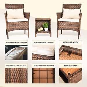 Patio Porch Furniture Sets 3 Pieces Rattan Wicker Chairs with Table and 2 Pillow Outdoor Garden Furniture Sets Conversation Chair Set