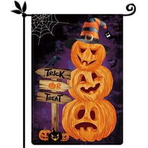 yovoyoa happy halloween trick or treat funny garden flag, witch hat pumpkin lantern garden flag, 12.5 x 18 inch small double sided halloween rustic farmland burlap flag for yard lawn outdoor decor